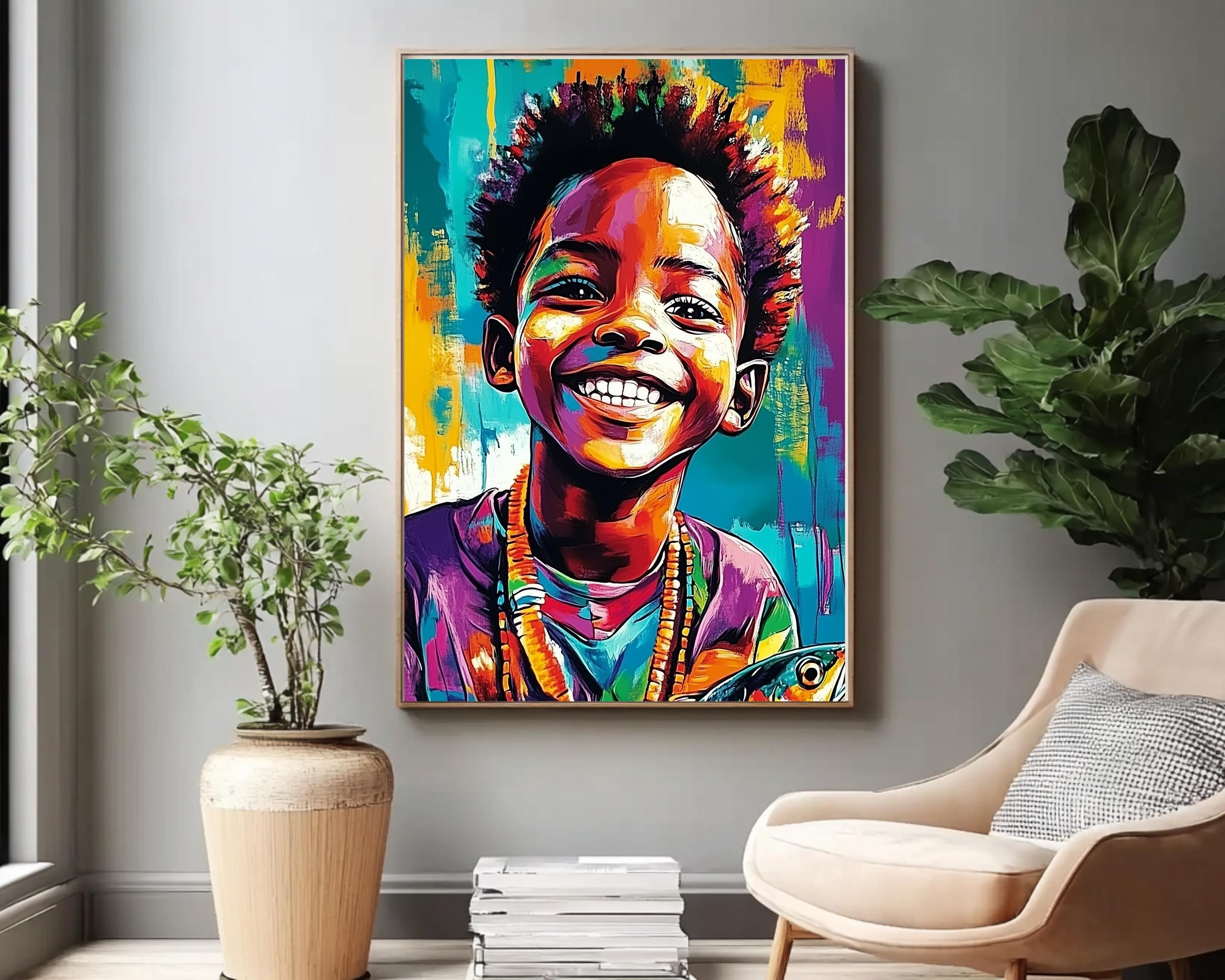 Proud Black Boy With Fish African American Art Colorful Abstract Canvas ...