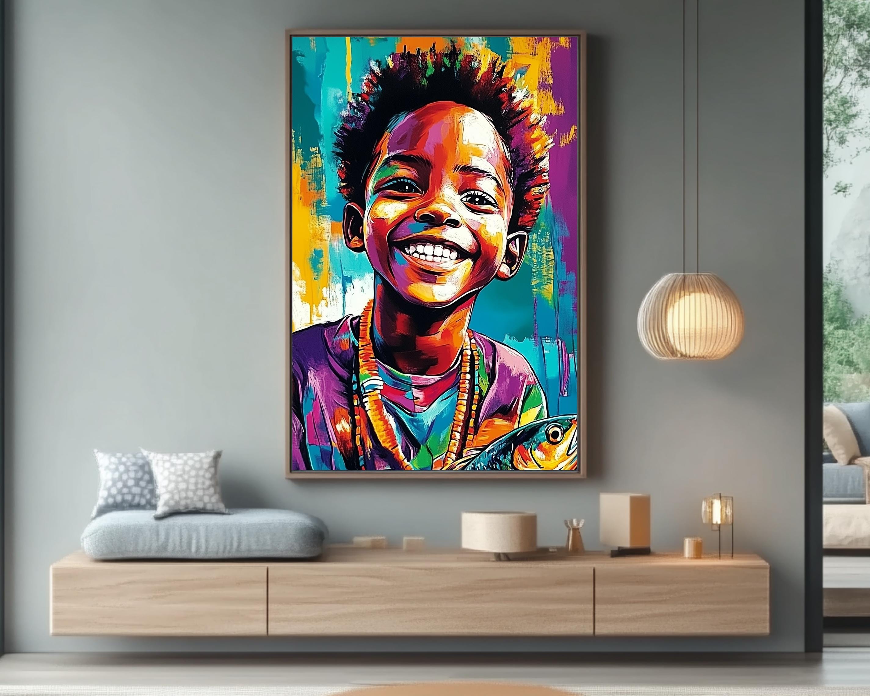 Proud Black Boy With Fish African American Art Colorful Abstract Canvas ...