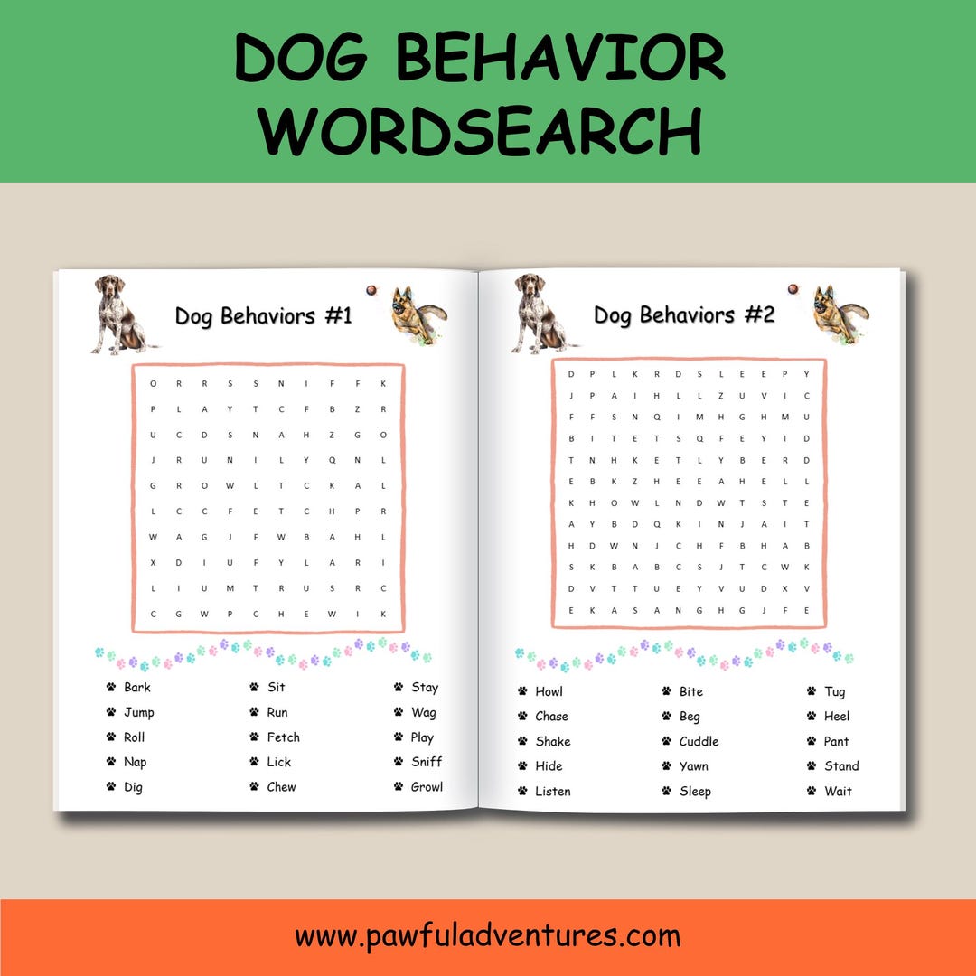 Fun Dog Behavior Word Searches for Kids, Educational Dog Behavior Word ...