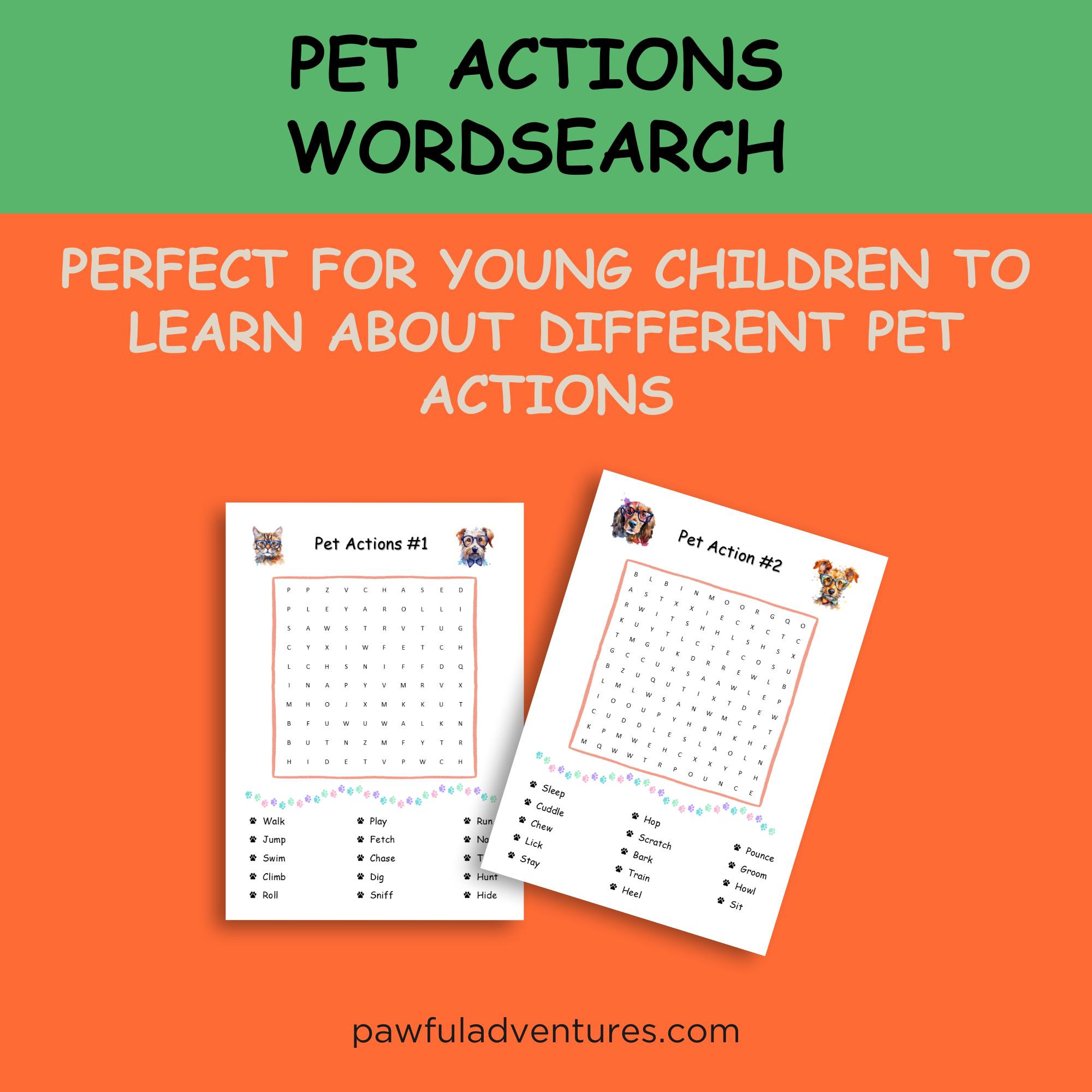 Fun Pet Action Word Searches for Kids, Educational Pet Actions Word ...