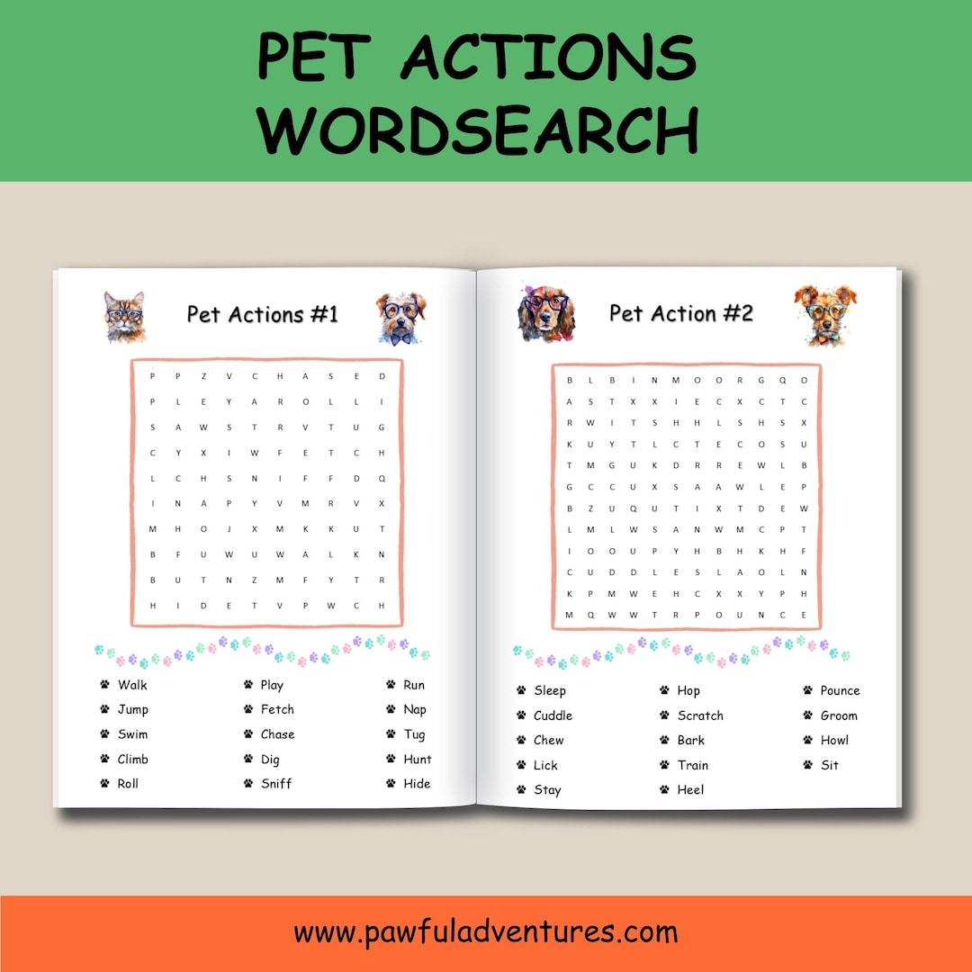 Fun Pet Action Word Searches for Kids, Educational Pet Actions Word ...