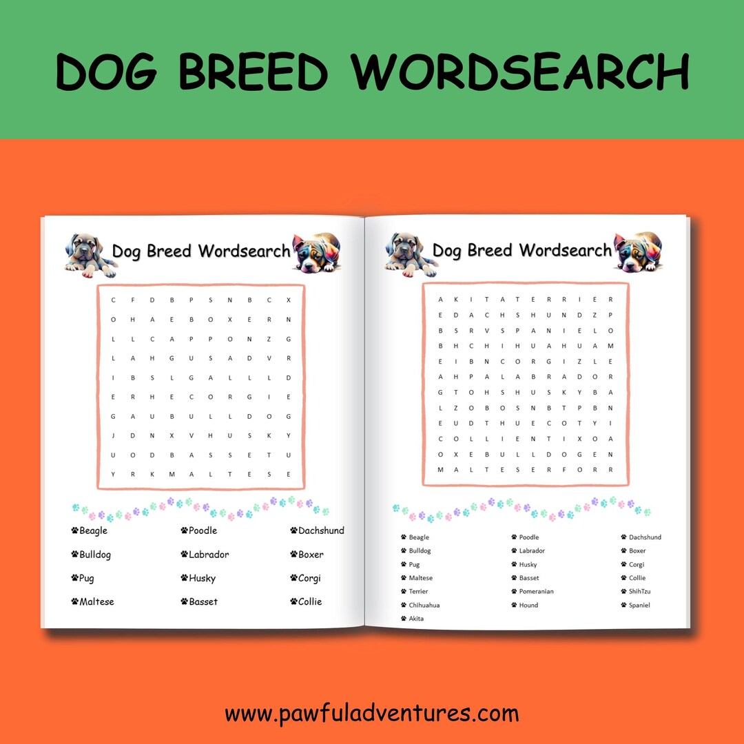 Fun Dog Breed Word Searches for Kids, Educational Dog Breed Word ...