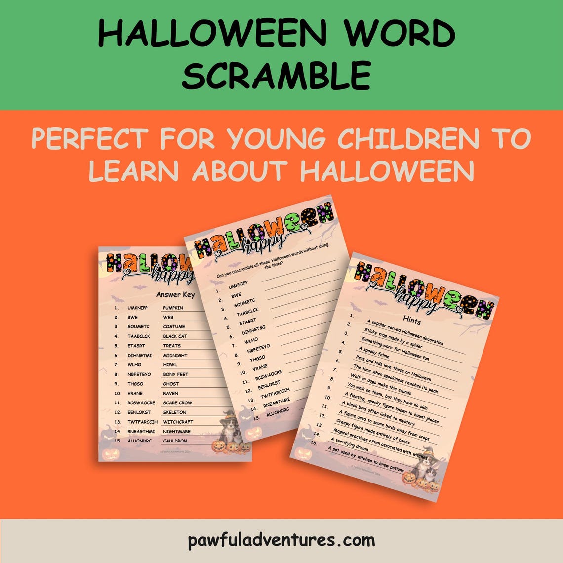 Halloween Themed Word Scramble, Halloween Game, Halloween Game for Kids ...