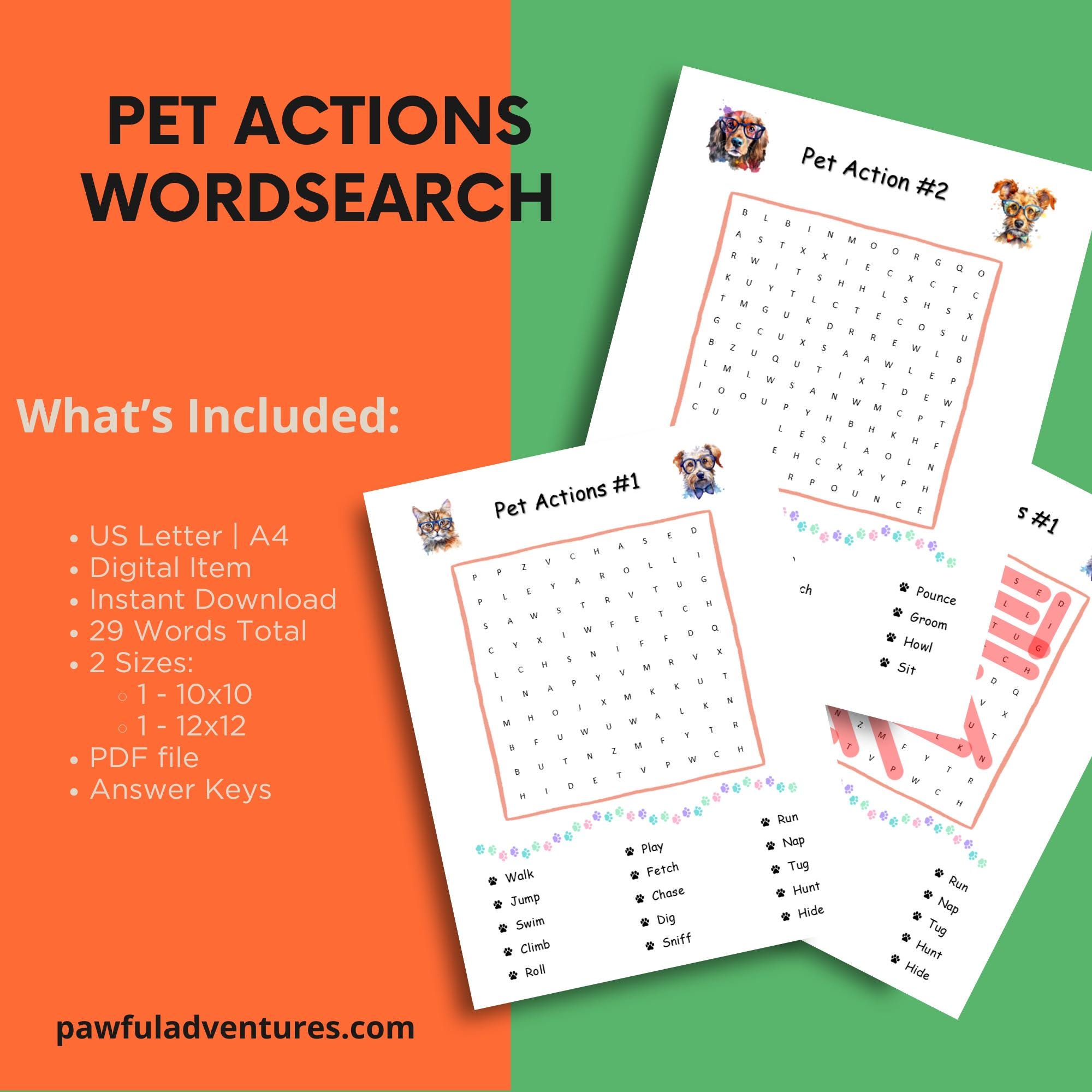 Fun Pet Action Word Searches for Kids, Educational Pet Actions Word ...
