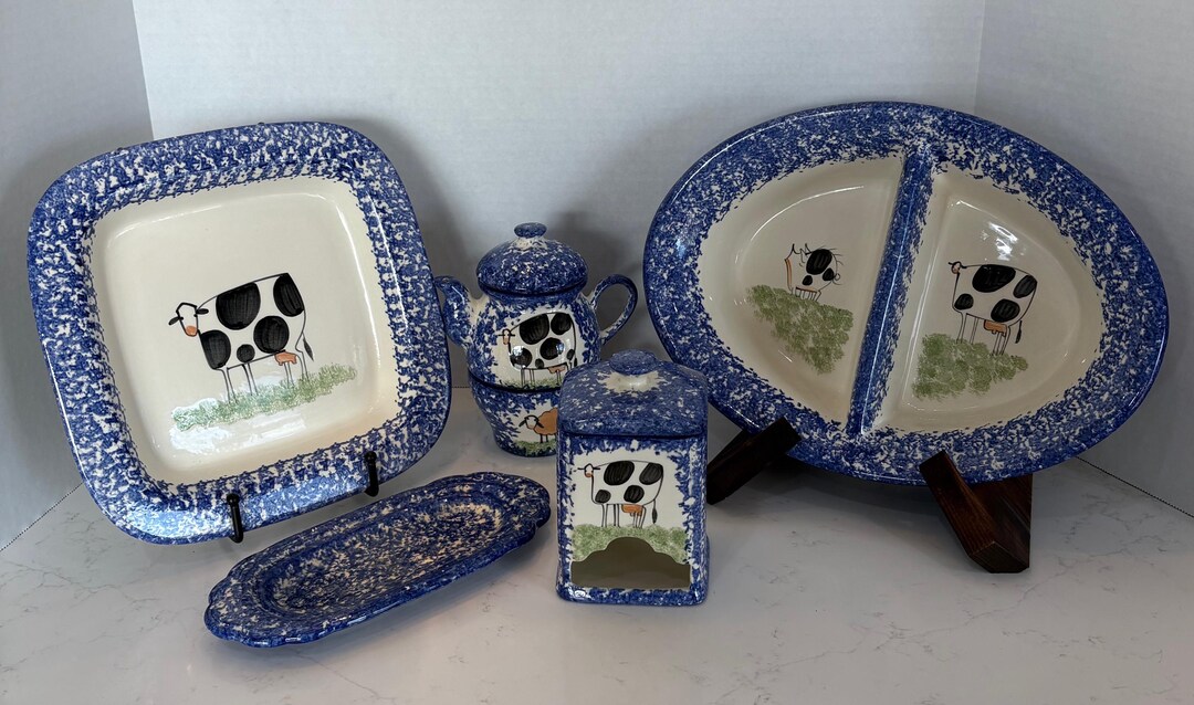 Molly Dallas Art Pottery: Blue Splatterware Cow Set - Etsy