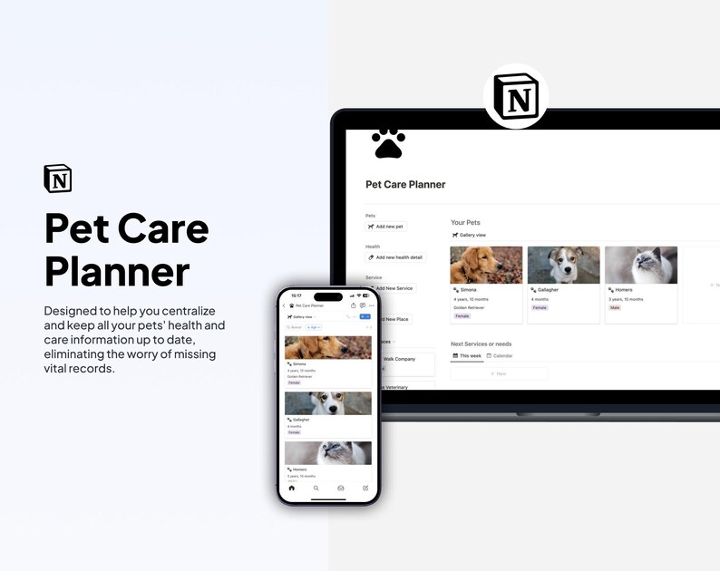 Pet Care Planner: Notion Template for Tracking Health, Services & Activities for Pet Owners ...
