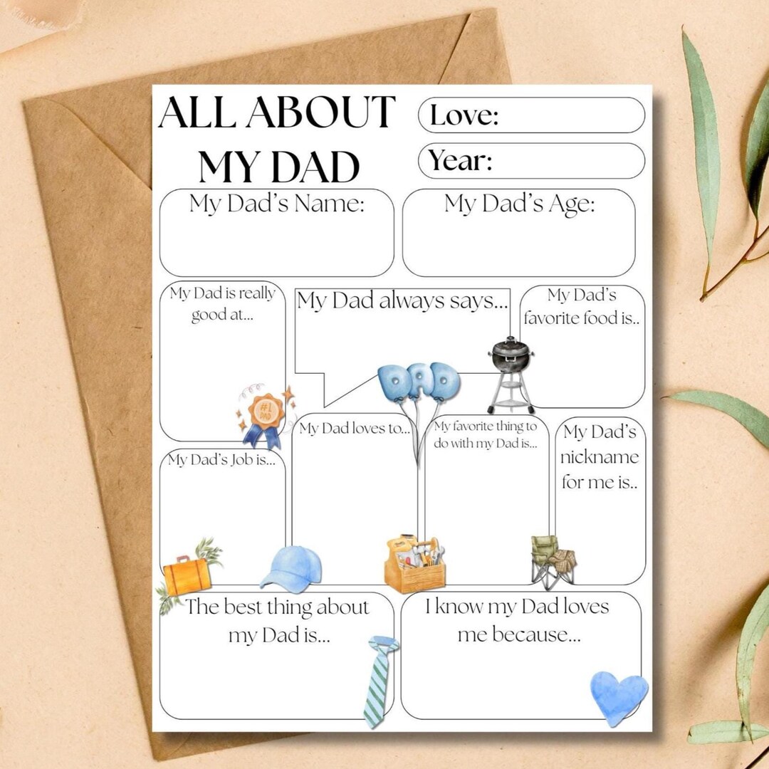 All About My Dad Printable Fathers Day Questionnaire Dad Gift From Kids ...