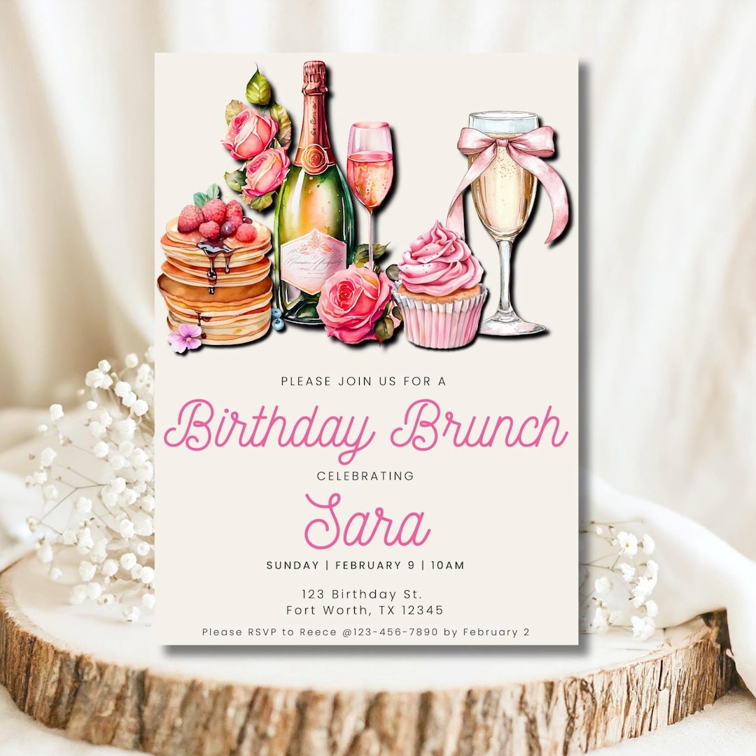 Birthday Brunch Invitation Champagne Party Invite EDITABLE Template ...