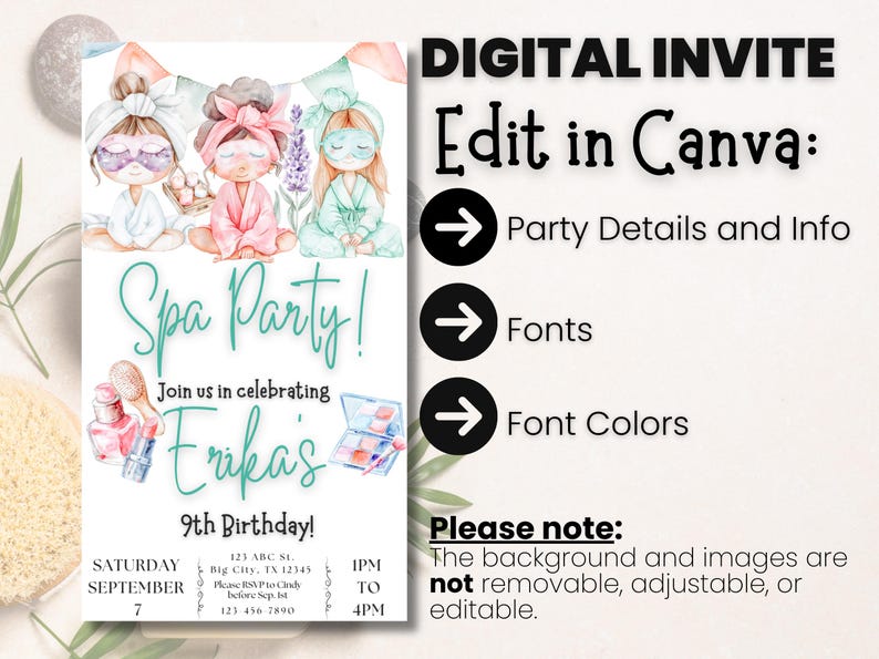 Spa Party Birthday Invitation Pamper Party Invite EDITABLE Canva ...