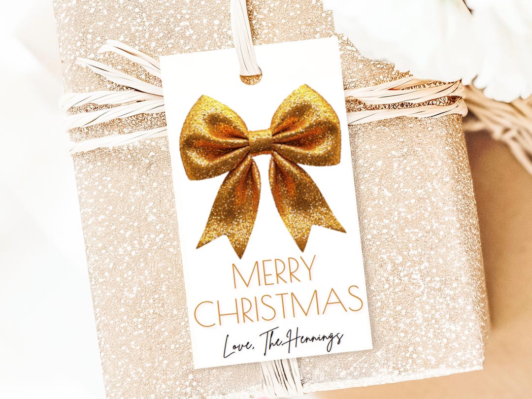 Christmas Gift Tag Template Editable Gold Bow Christmas Gift Tag ...