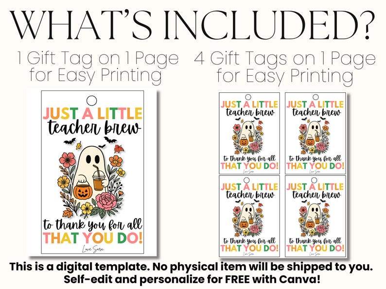 Halloween Gift Tag Just a Little Teacher Brew Printable Ghost Coffee ...