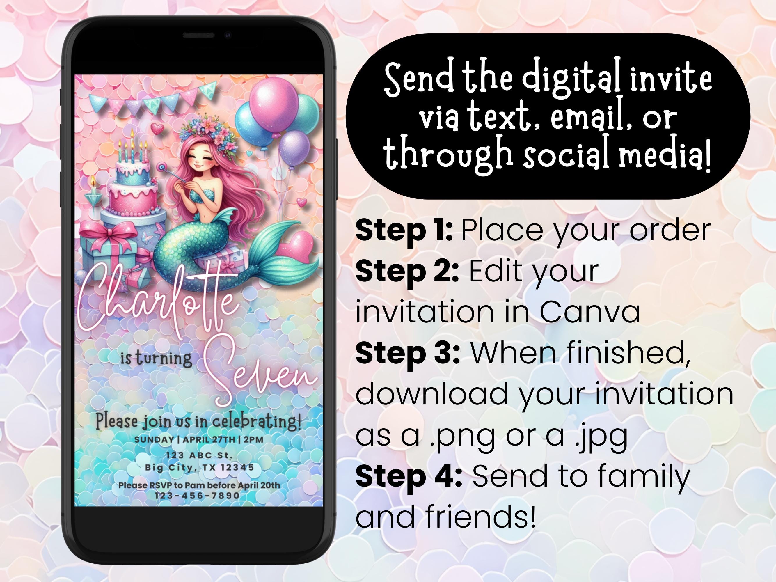Editable Mermaid Birthday Party Invitations, Mermaid Digital Birthday ...