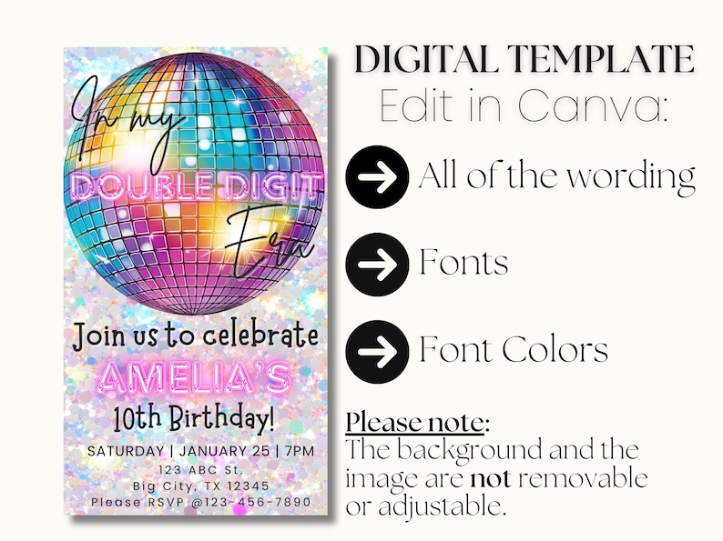 Double Digit Birthday Party Invitation Disco Ball Invite Glitter Evite ...