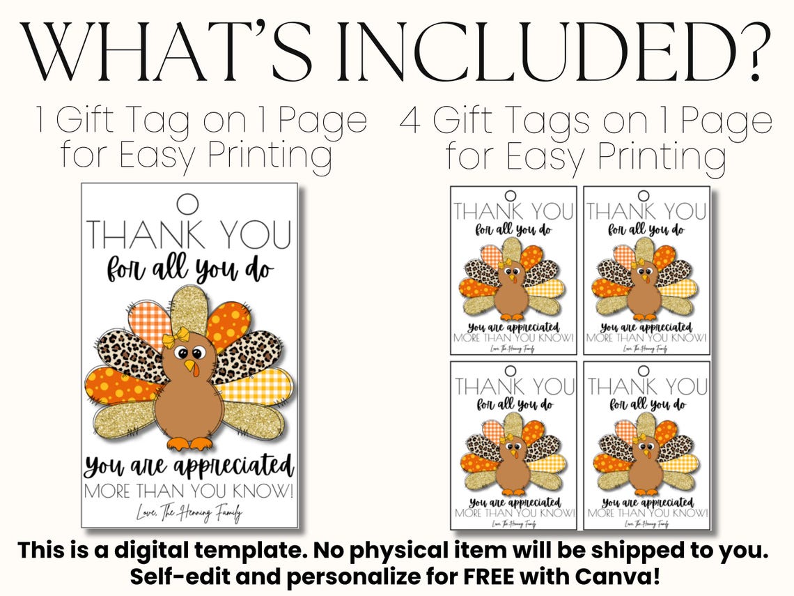 Thanksgiving Gift Tag Turkey Tags Thank You for All You Do Fall Teacher ...