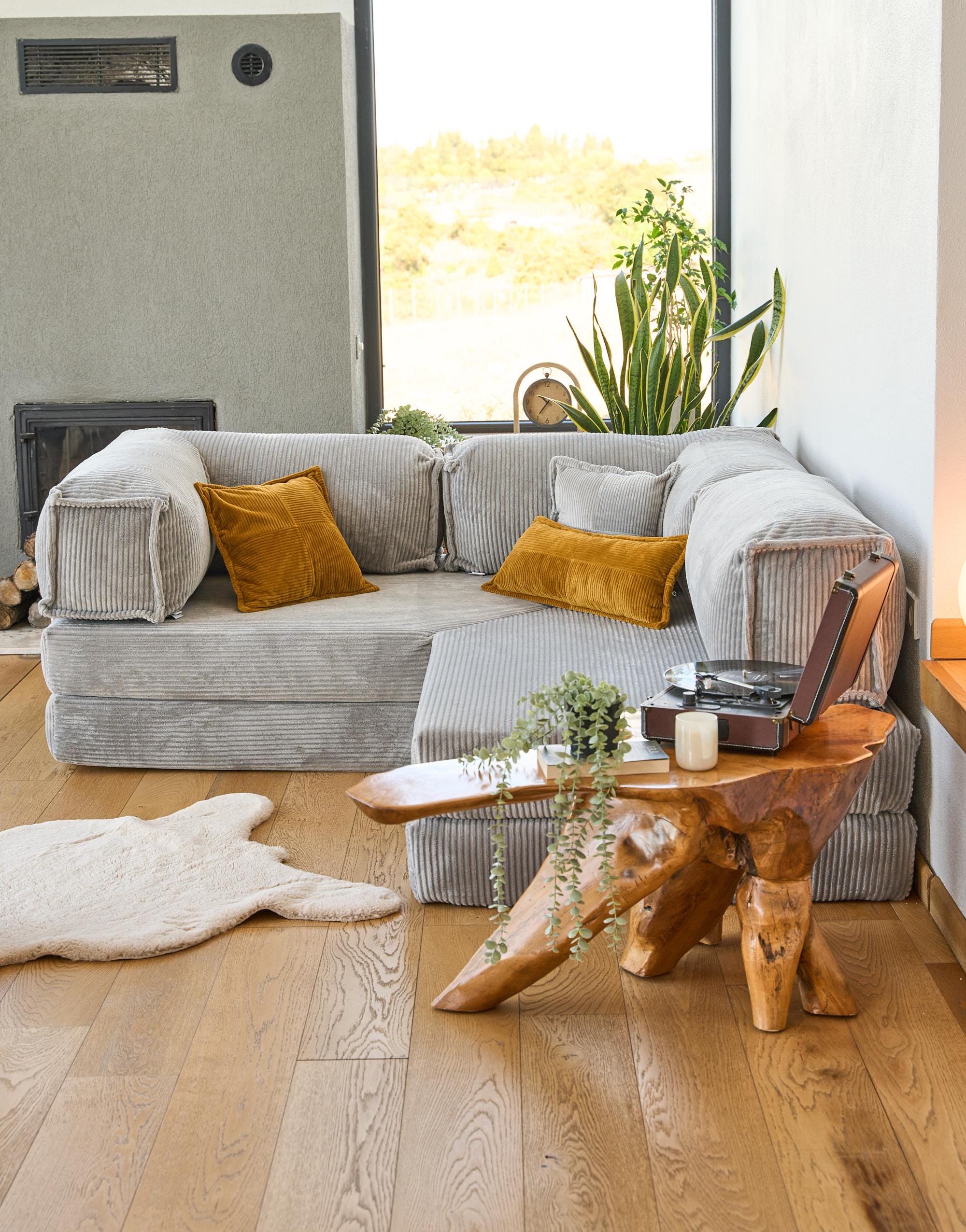 Grey plush corner sofa store