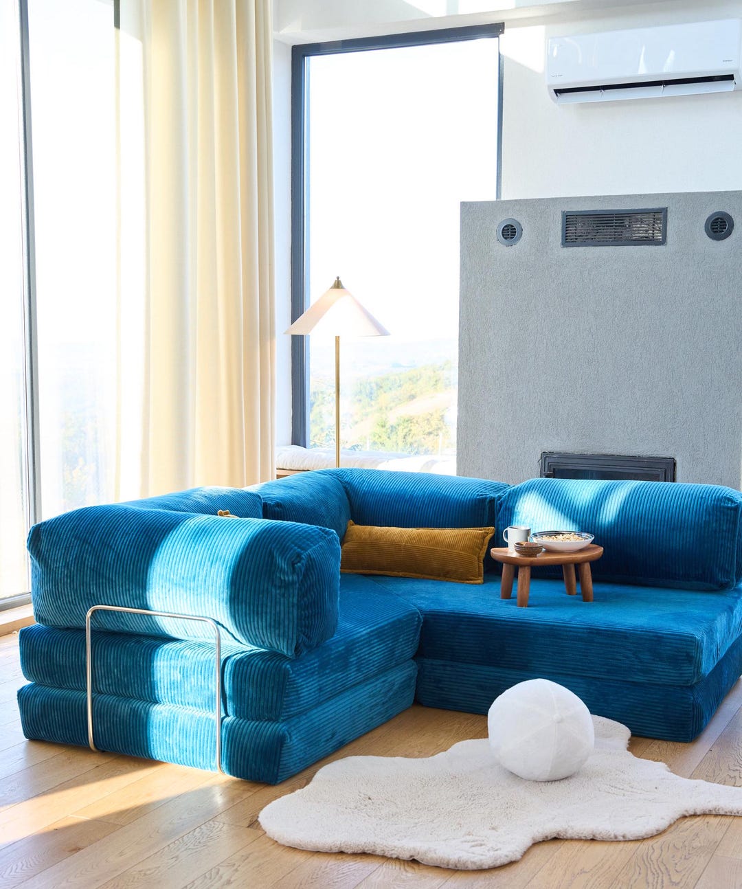 Indigo Corner Velvet Teddy Sofas, L Shaped Teddy Sofa, Floor Bed ...