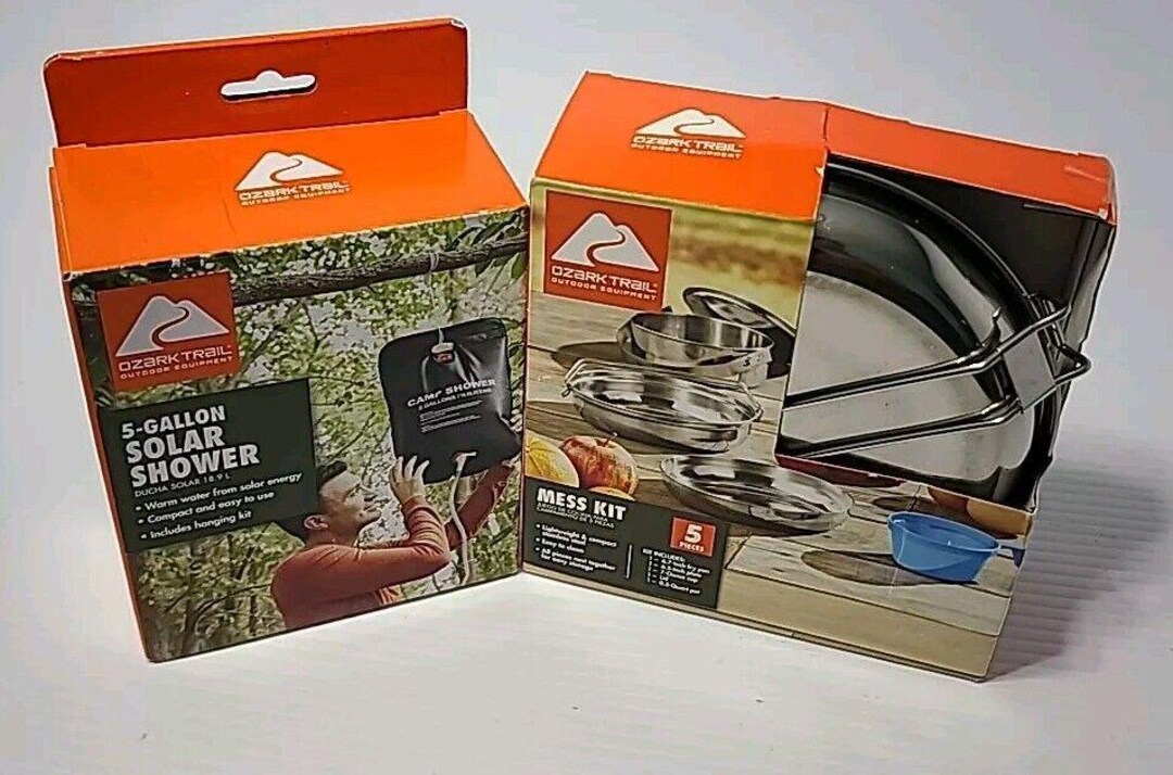 Ozark Trail 5-pc Mess Kit Stainless Steel and 5 Gal Solar Shower for ...
