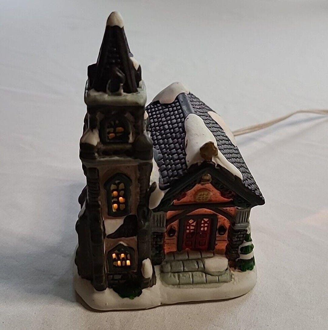 Vtg Christmas Decorative Ceramic Mold Village Lighted Church House Bell ...