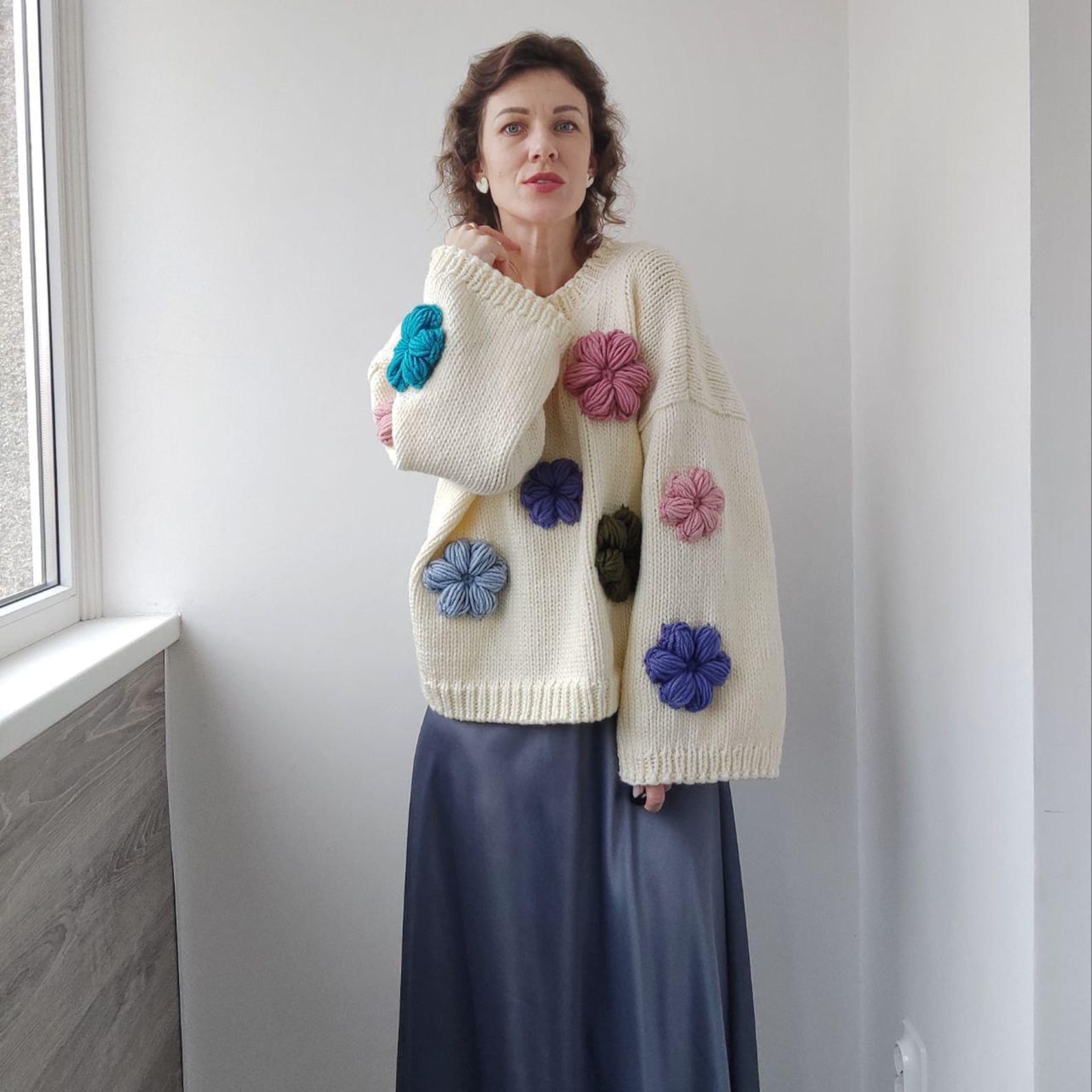 3D Flower Flared Sleeve Sweater, Handmade Oversized Sweater With Big ...