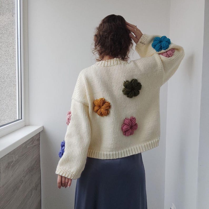 3D Flower Flared Sleeve Sweater, Handmade Oversized Sweater With Big ...