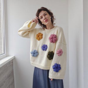 3D Flower Flared Sleeve Sweater, Handmade Oversized Sweater With Big ...