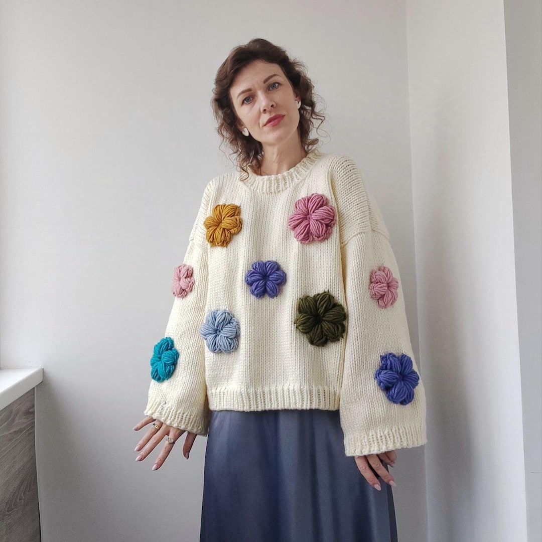 3D Flower Flared Sleeve Sweater, Handmade Oversized Sweater With Big ...