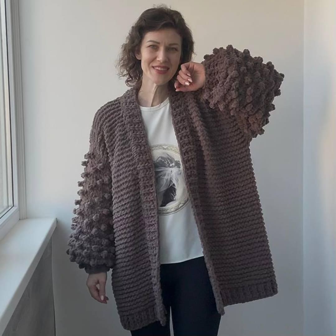 Brown Plush Cardigan With Bubble Sleeves, Oversized Soft Cardigan ...