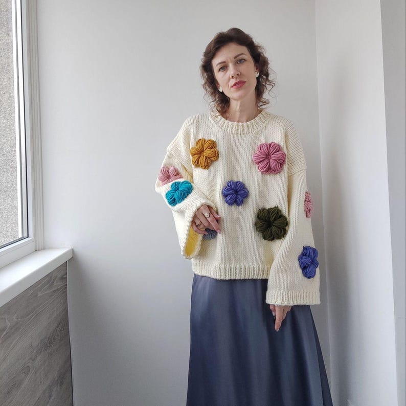 3D Flower Flared Sleeve Sweater, Handmade Oversized Sweater With Big ...