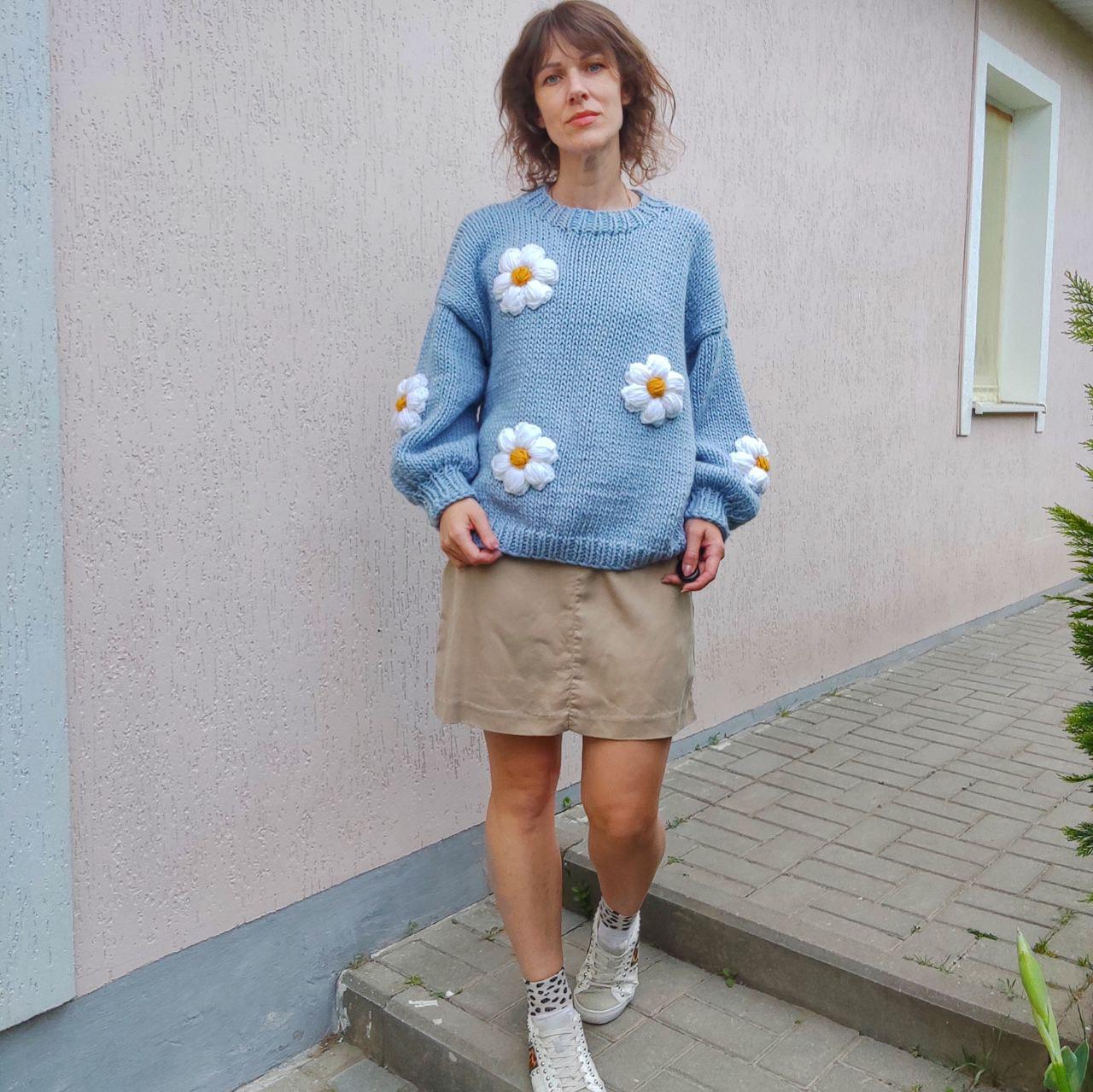 3D Flowers Sweater, Chamomile Sweater, Handmade Oversize Sweater With ...
