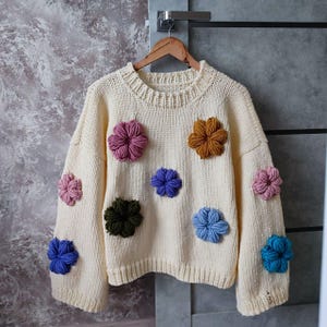 3D Flower Flared Sleeve Sweater, Handmade Oversized Sweater With Big ...