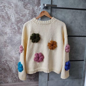 3D Flower Flared Sleeve Sweater, Handmade Oversized Sweater With Big ...