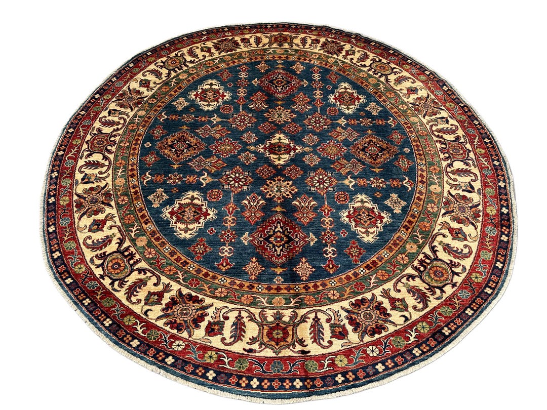 8x8 Ft Persian Zeigler Round Area Rug - Blue Beige Afghan Hand Knotted ...
