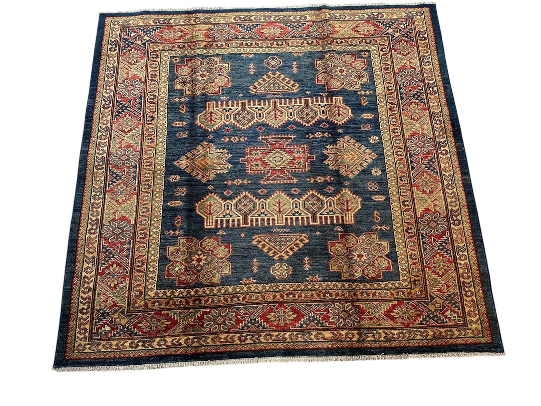 5x5 Ft Blue Kazak Tribal Square Area Rug - Afghan Hand Knotted Veg Dye ...