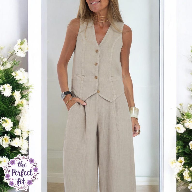 Linen Vest Top With Trousers Set for Women, Casual Sleeveless Outfit ...