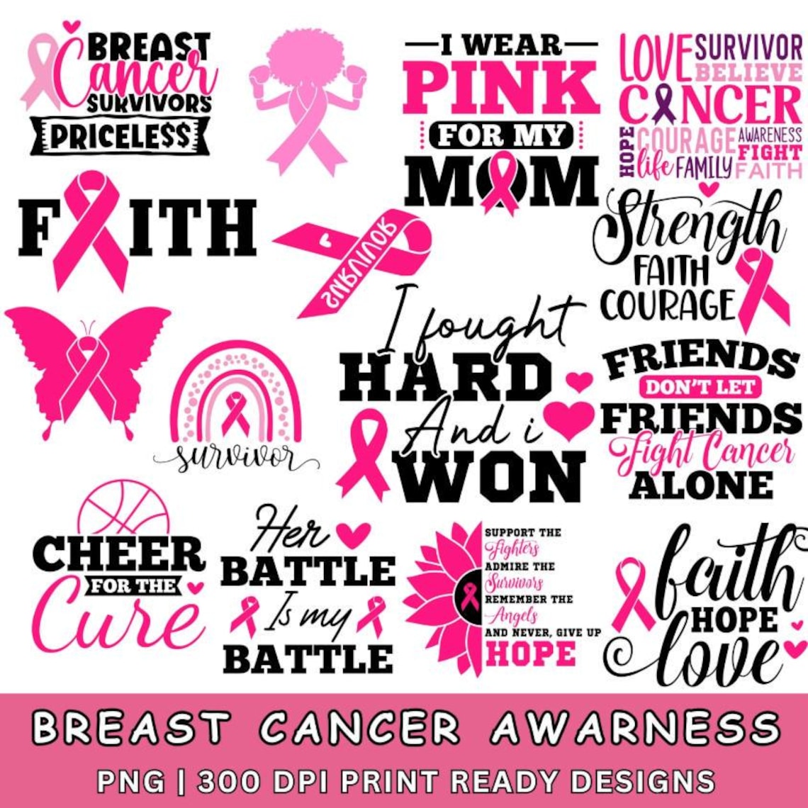 Breast Cancer Awareness Designs Bundle Empowering Graphics Pink Ribbon ...
