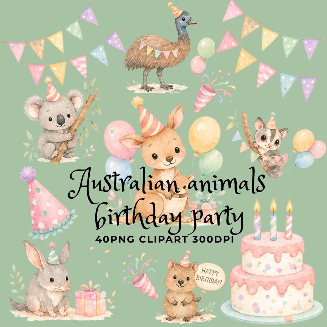 Watercolor Australian Animals Birthday Clipart, Kangaroo Koala PNG Pack ...