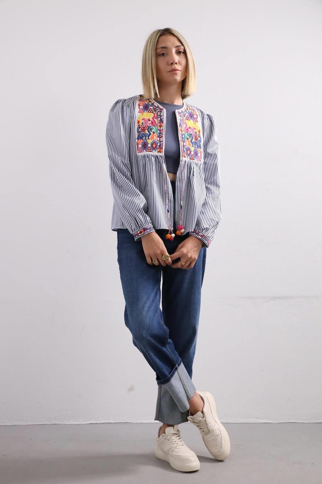 Blue Striped Embroidered Jacket - Etsy