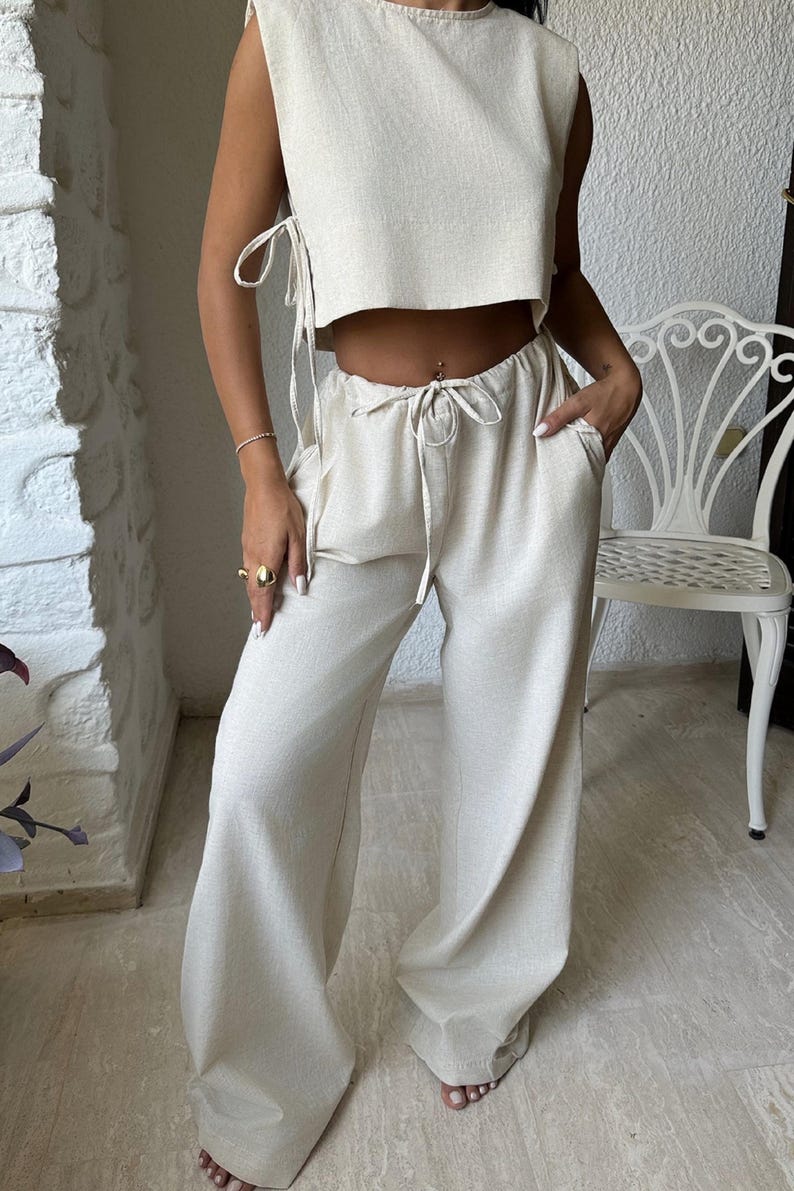 Women's Linen Top and Bottom Set, Women's Boho Cotton Set, Summer Linen ...