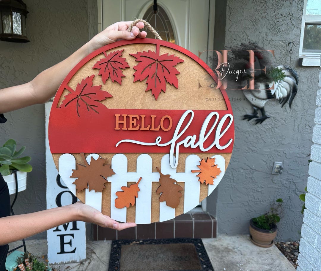 Hello Fall Door Hanger, Halloween Door Sign, Fall Leaves Door Hanger ...