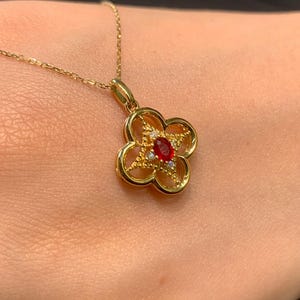 18k Gold Ruby Necklace Gold Ruby Clover Pendant Birthstone Necklace ...