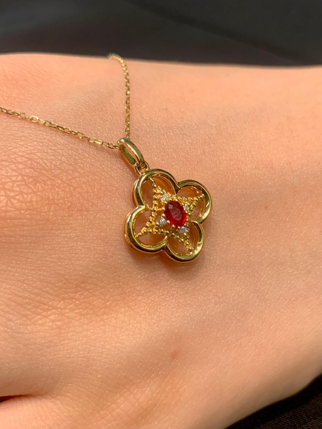 18k Gold Ruby Necklace Gold Ruby Clover Pendant Birthstone Necklace ...