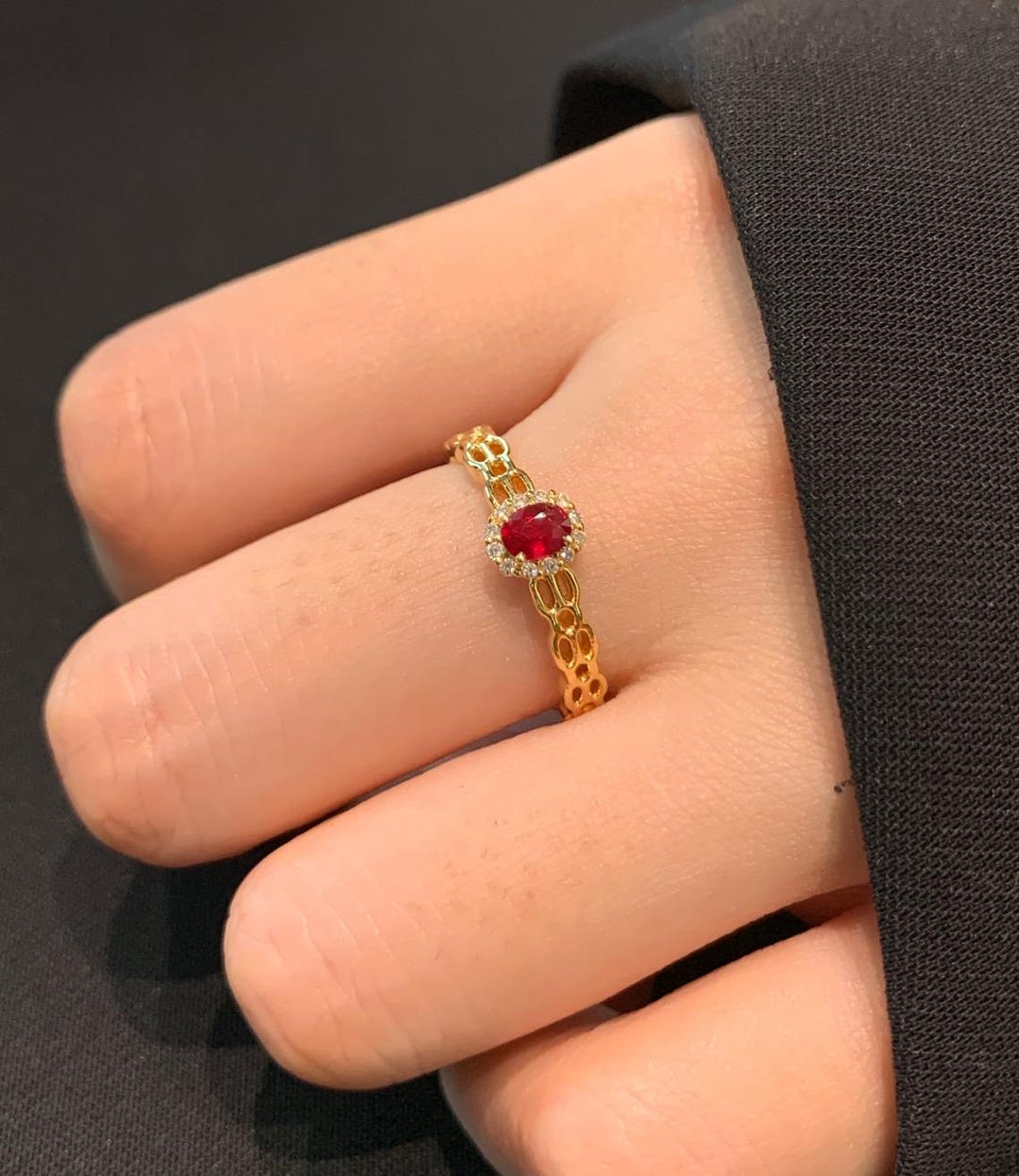 18k Gold Ruby Engagement Ring: Oval Red Gemstone, Diamond Halo - Etsy