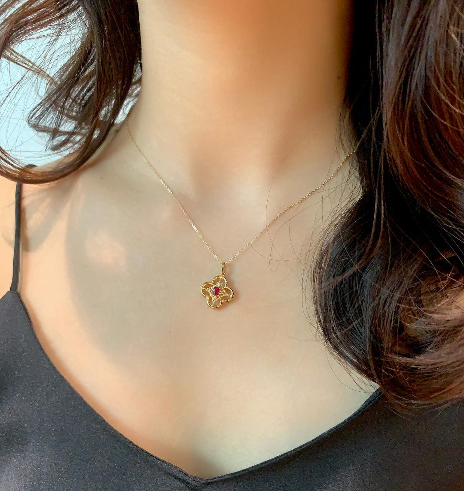 18k Gold Ruby Necklace Gold Ruby Clover Pendant Birthstone Necklace ...