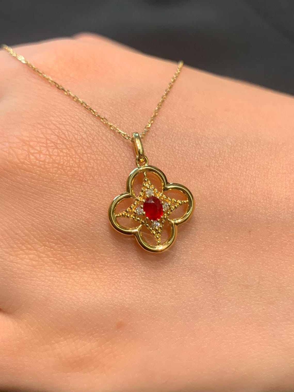 18k Gold Ruby Necklace Gold Ruby Clover Pendant Birthstone Necklace ...