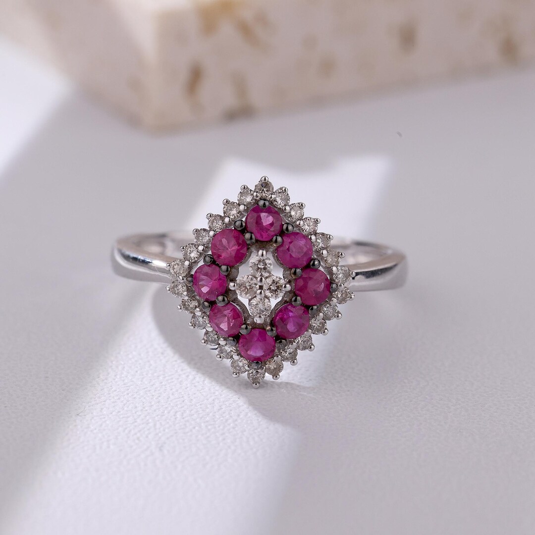 18k or 14k Filled Gold Ruby Diamond Ring, Rhombus Ring, Retro Style ...