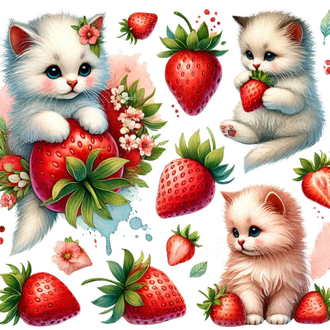 Cute Kitten and Strawberries Clipart, PNG, JPG, SVG Files, Perfect for ...