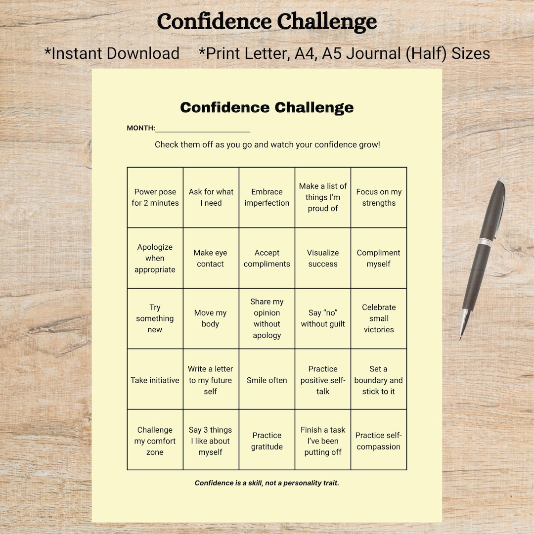 Confidence Challenge Printable Bingo Card – Self Esteem Worksheet ...