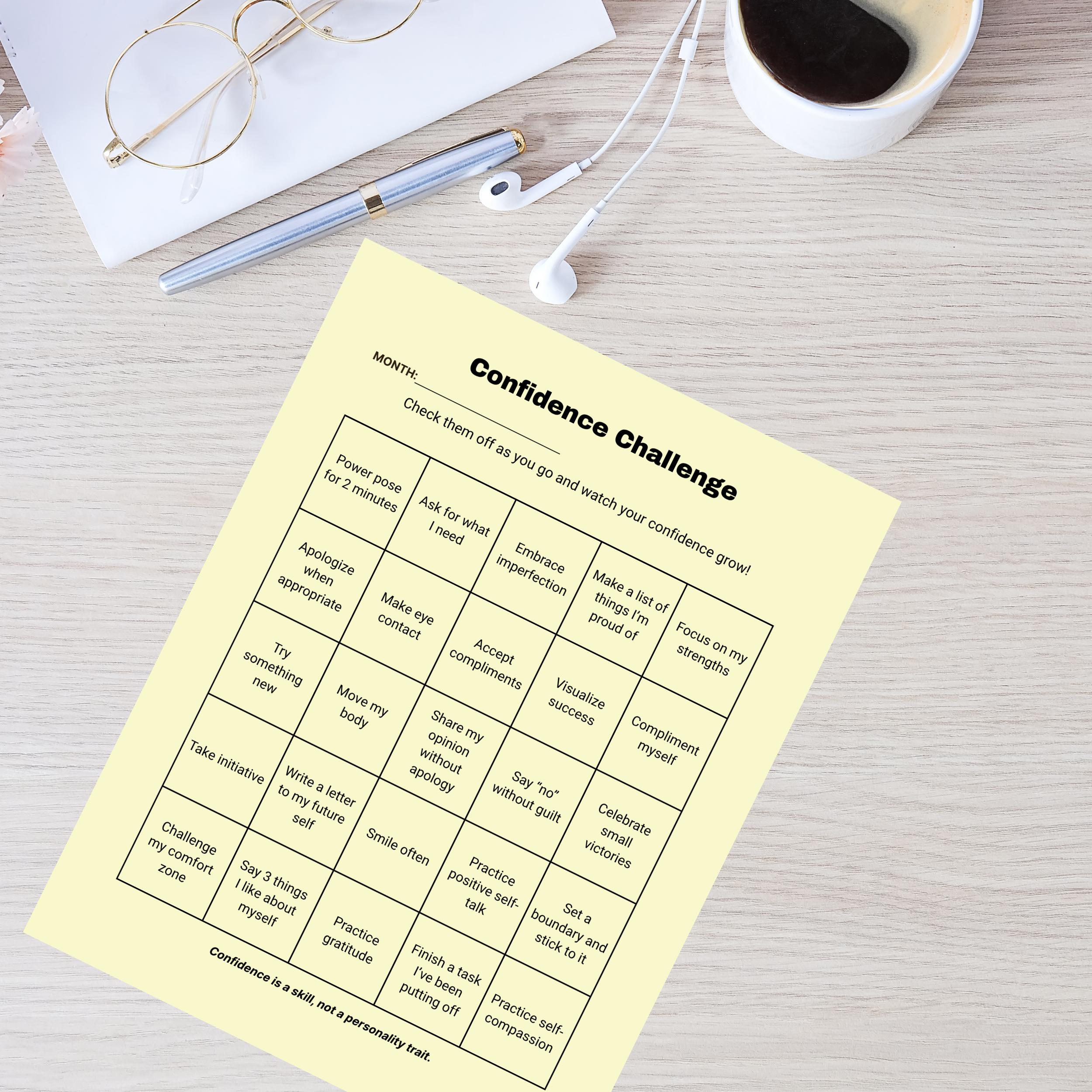 Confidence Challenge Printable Bingo Card – Self Esteem Worksheet ...