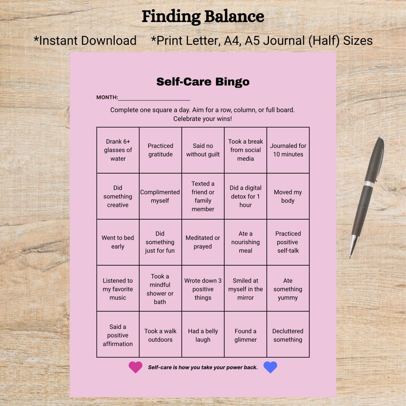 Self-care Bingo Card: 25-day Wellness Challenge, Practice Affirmations ...