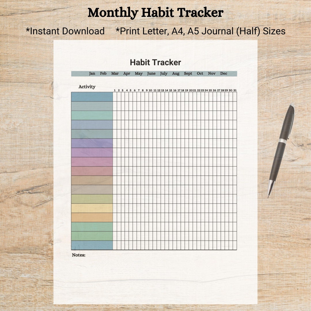 Monthly Habit Tracker Printable: Goal Tracker (digital Download) - Etsy